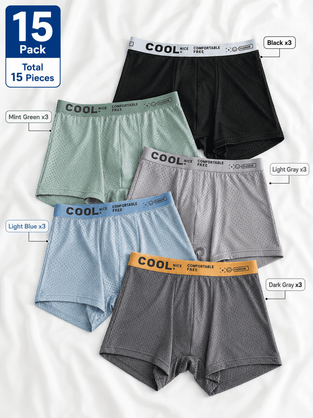 15 Pack Men's Mesh Boxer Briefs, 92% Polyester 8% Elastane, COOL ...