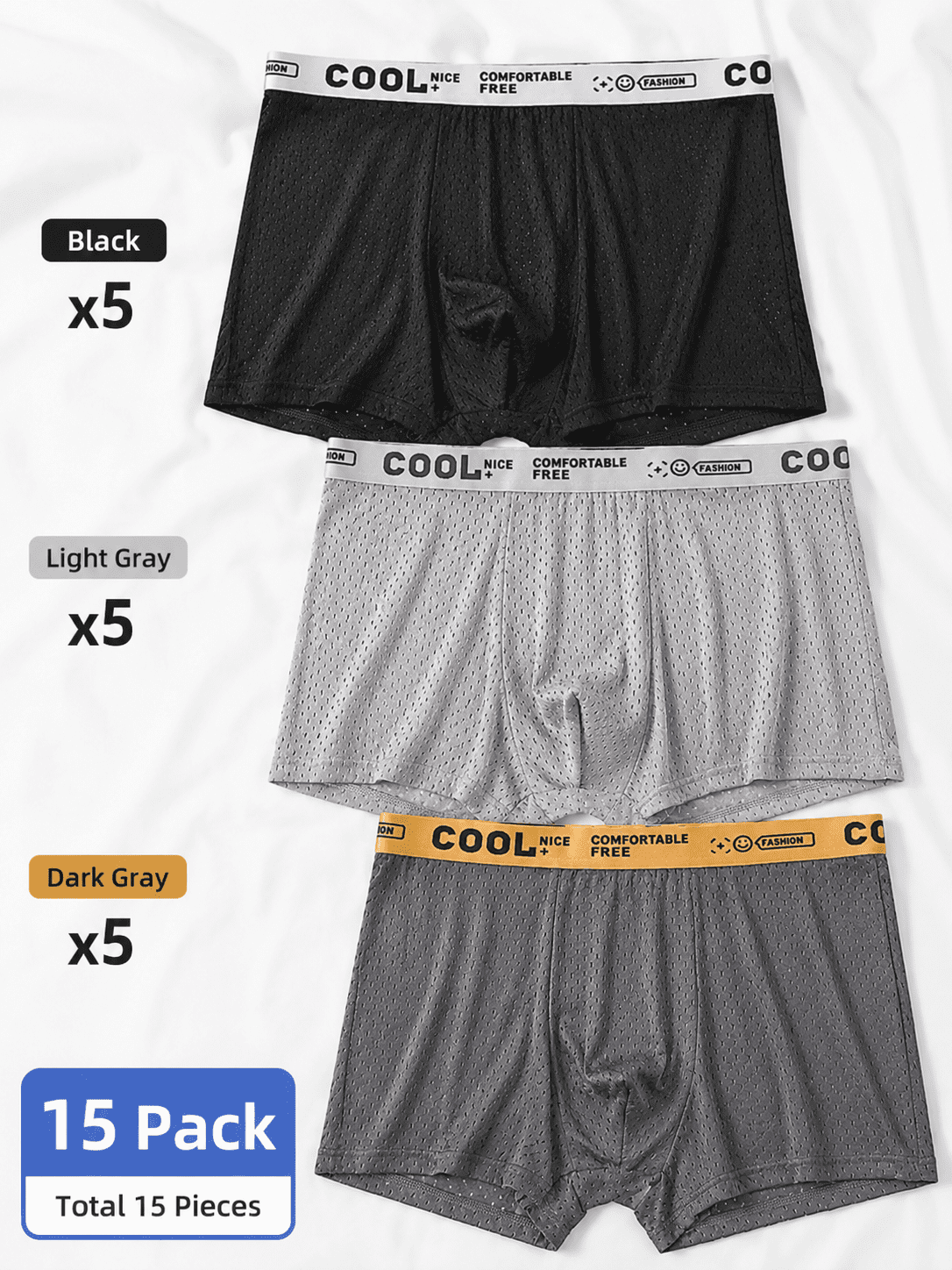 15 Pack Men's Mesh Boxer Briefs, 92% Polyester 8% Elastane, COOL ...