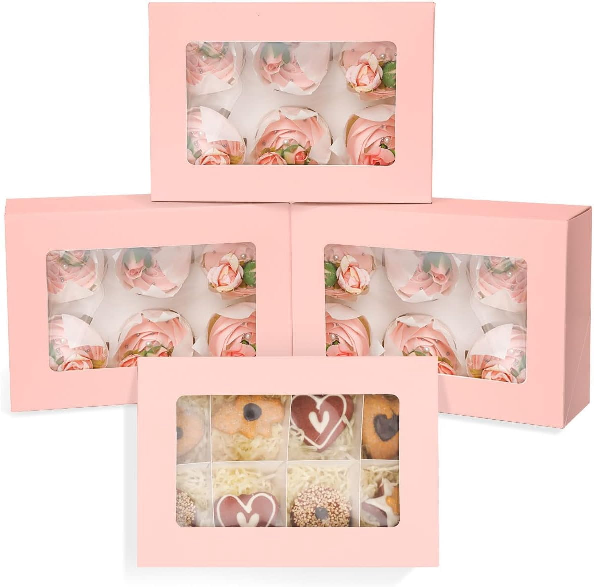 15-Pack Pink Six Holder Cupcake Boxes with Windows - Auto-Pop Up ...