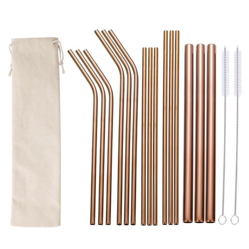 15-Pack Reusable Stainless Steel Metal Straws with Case - Long Drinking ...