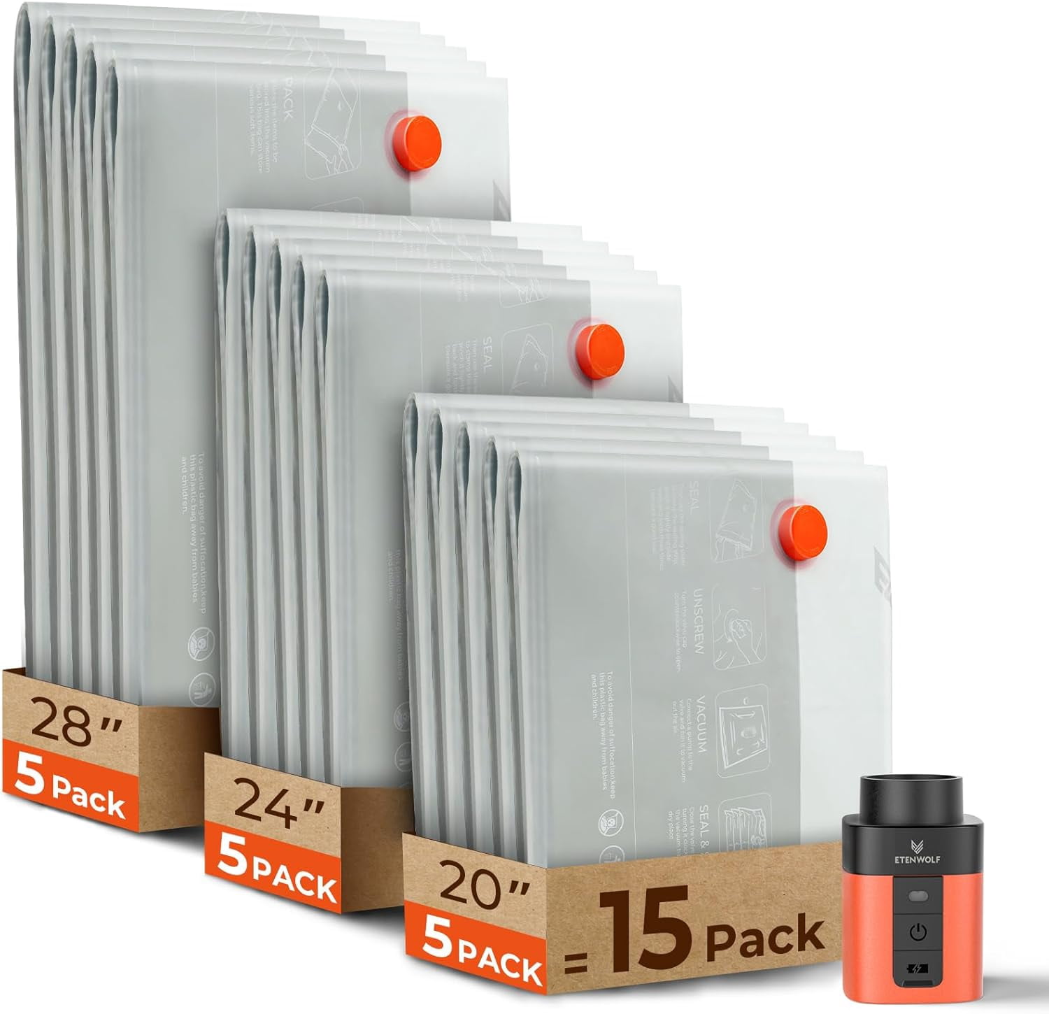15 Pack Reusable Vacuum Seal Bags for Travel with Rechargeable Air Pump ...