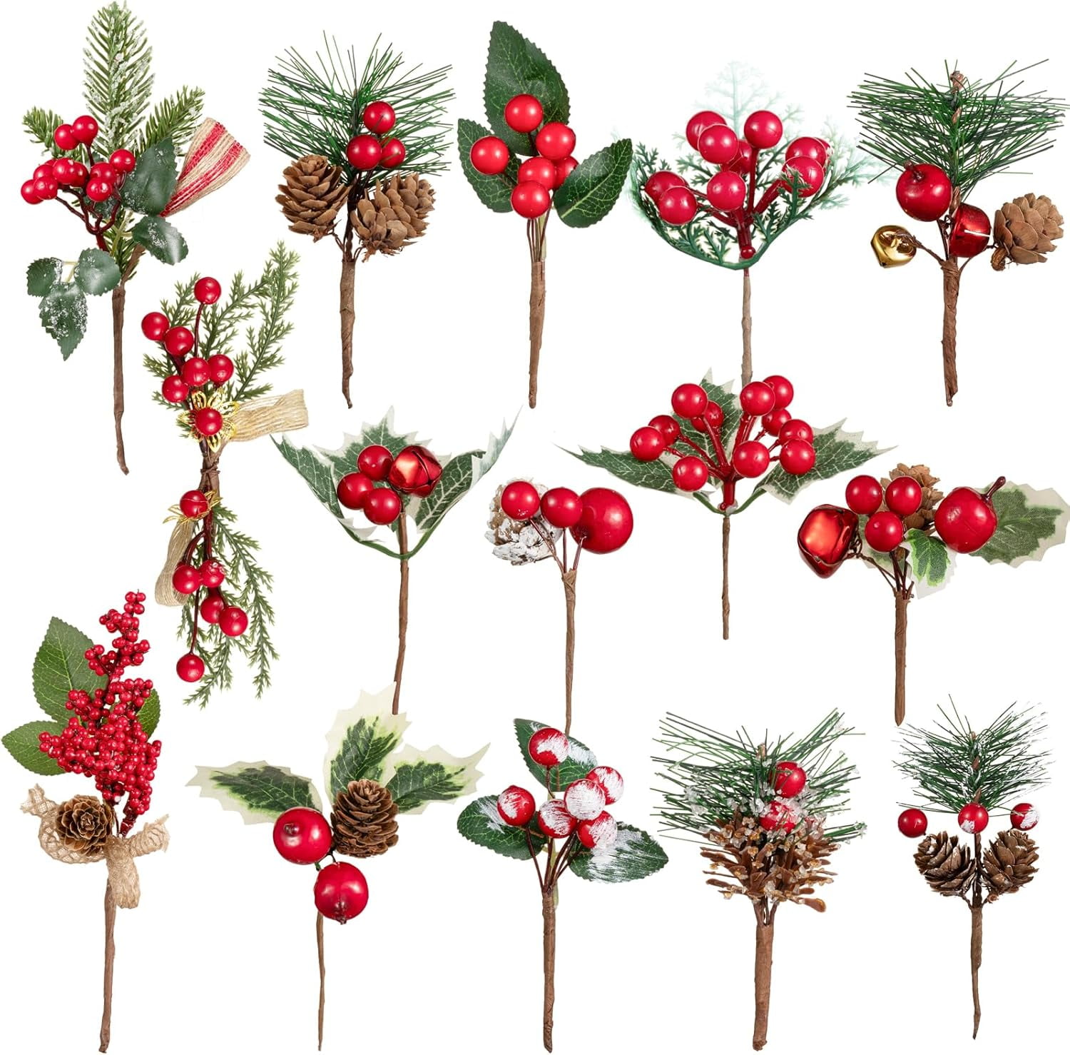 15 Pack Small Christmas Picks Assorted Size Red Berry Picks Stems with ...