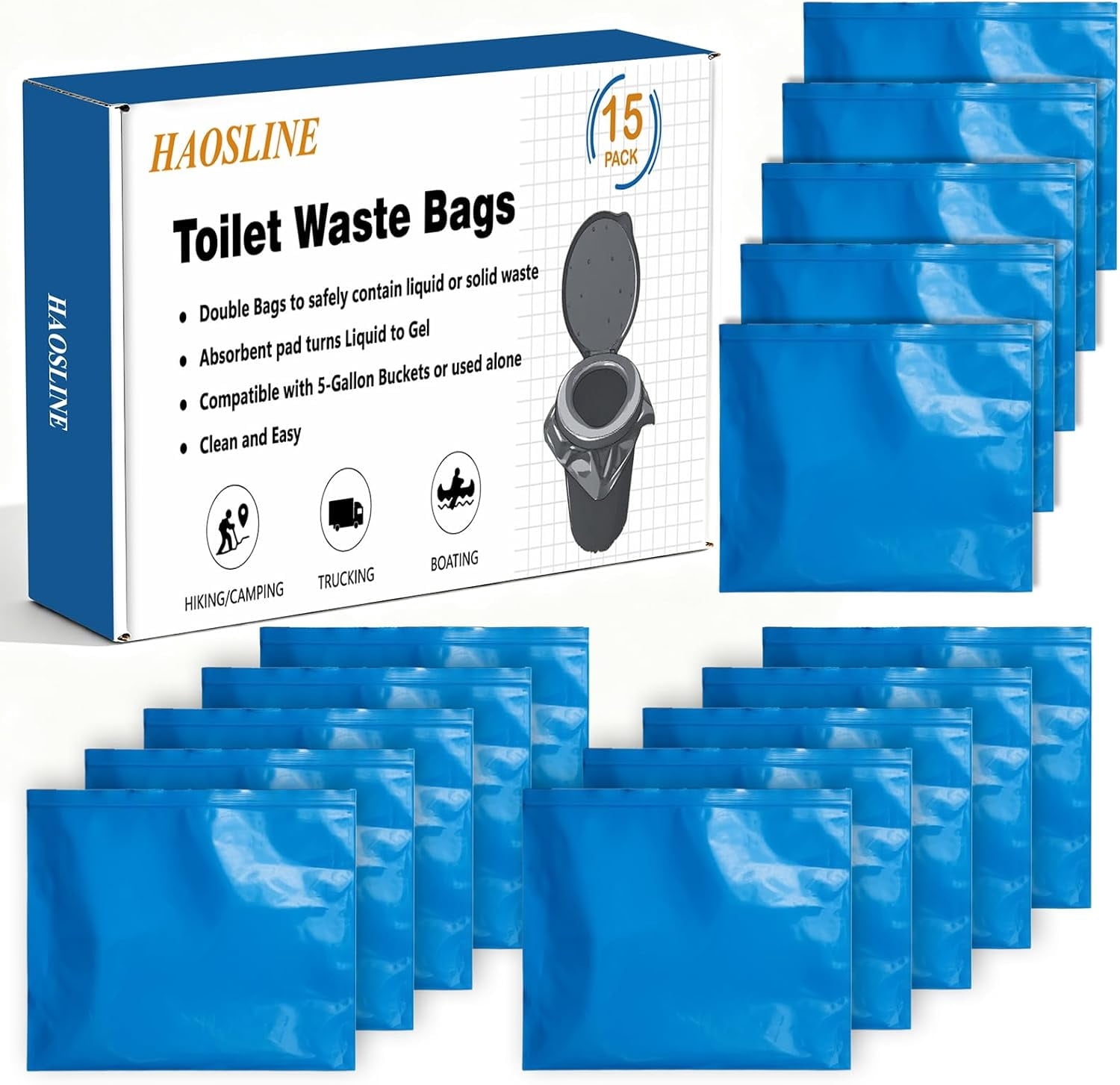 15 Pack Toilet Waste Bags Leak Proof Double Bag Design & Absorbent Pad ...