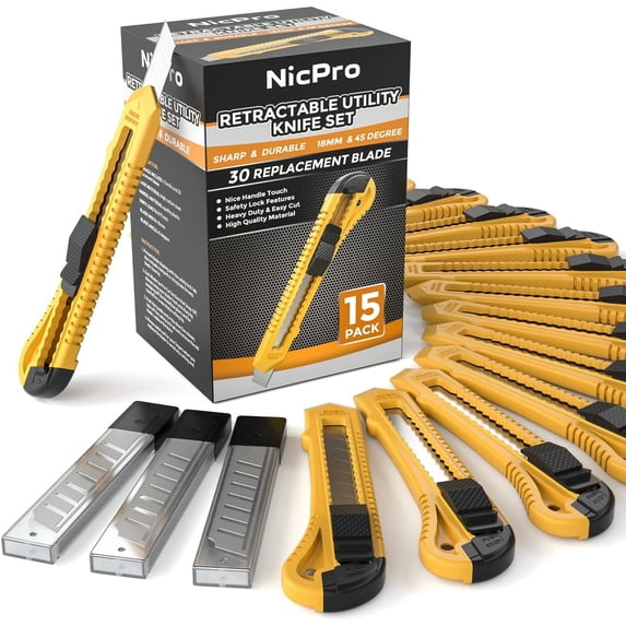 15 Pack Utility Knives with 30 PCS Extra Blades, Plastic Box Cutters ...