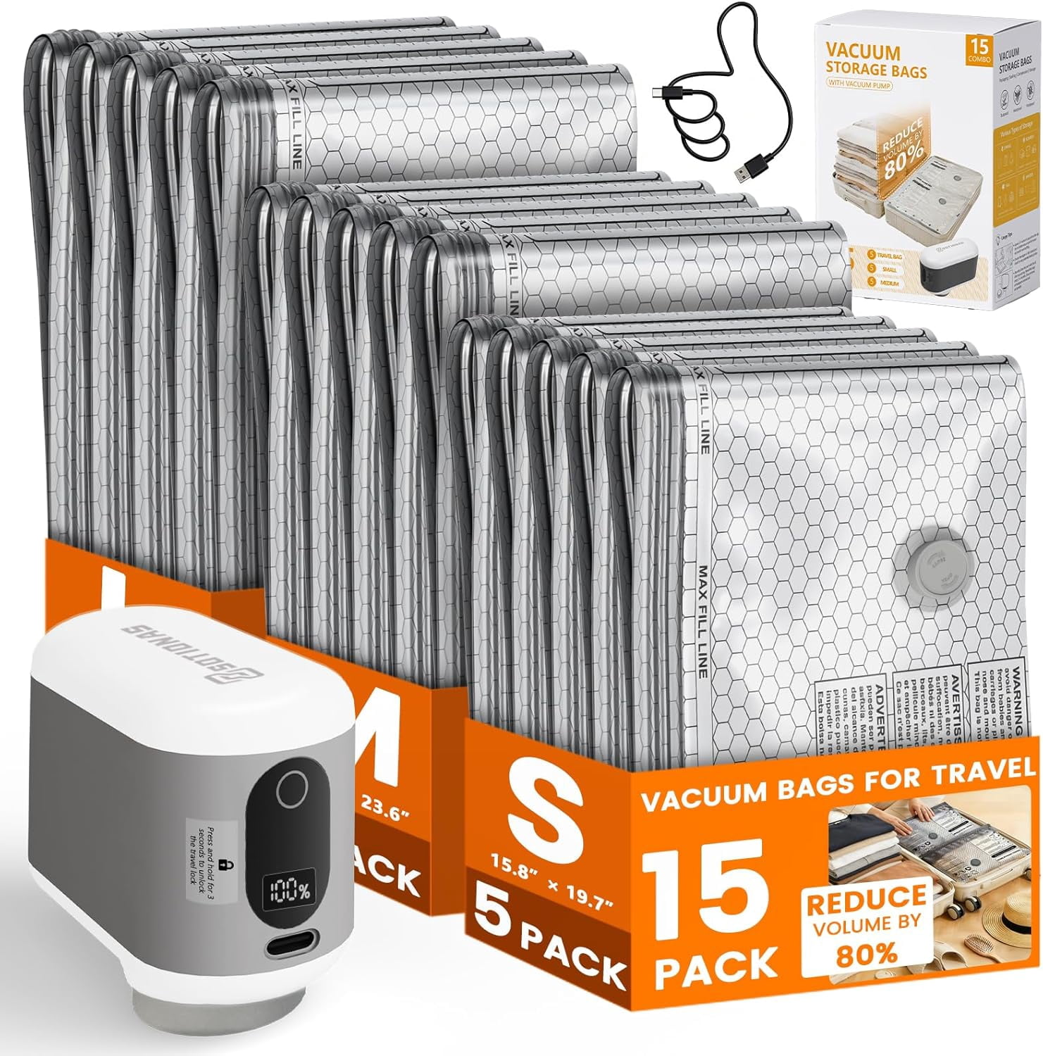 15 Pack Vacuum Seal Bags for Clothing Travel with -60KPa Rechargeable ...