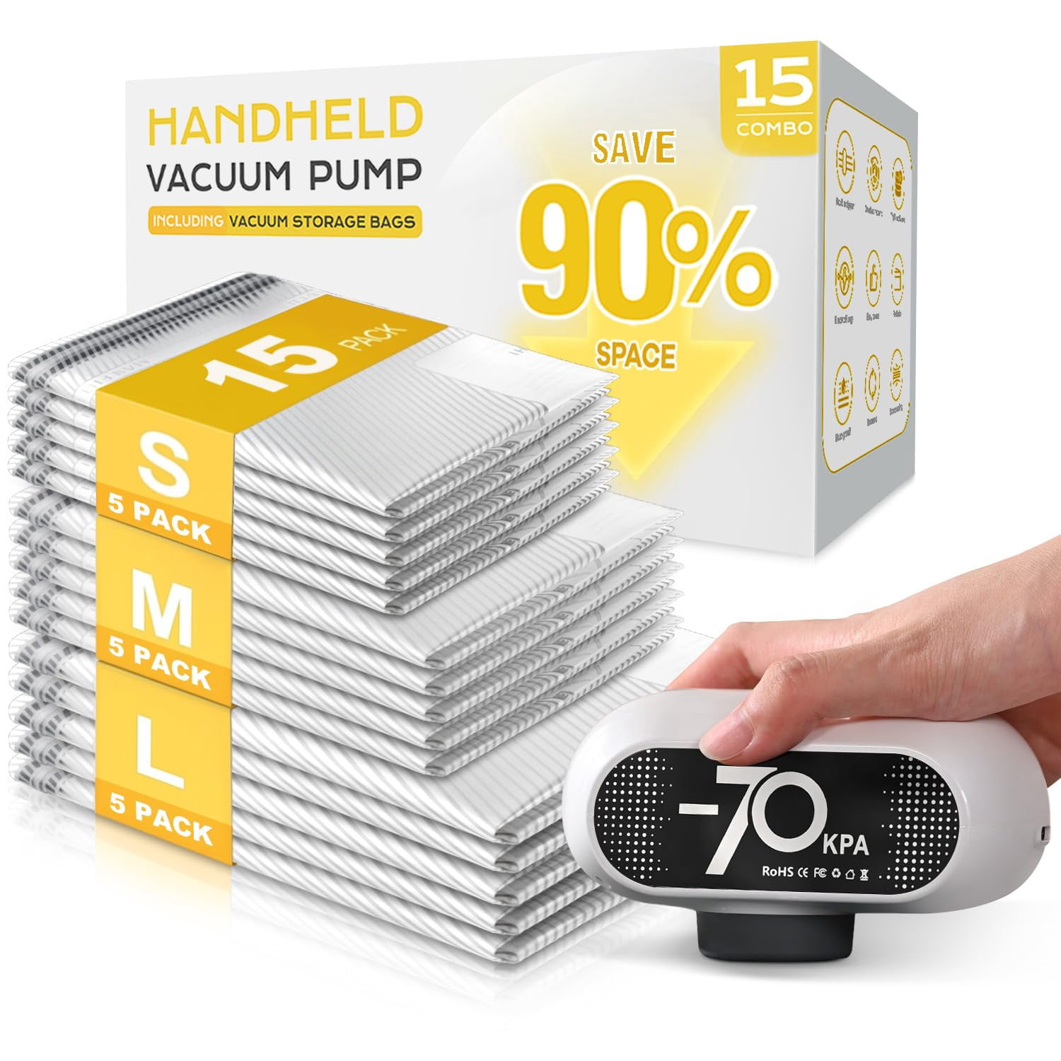 15 Pack Vacuum Storage Bags With -70kpa Electric Pump Tear-resistant ...