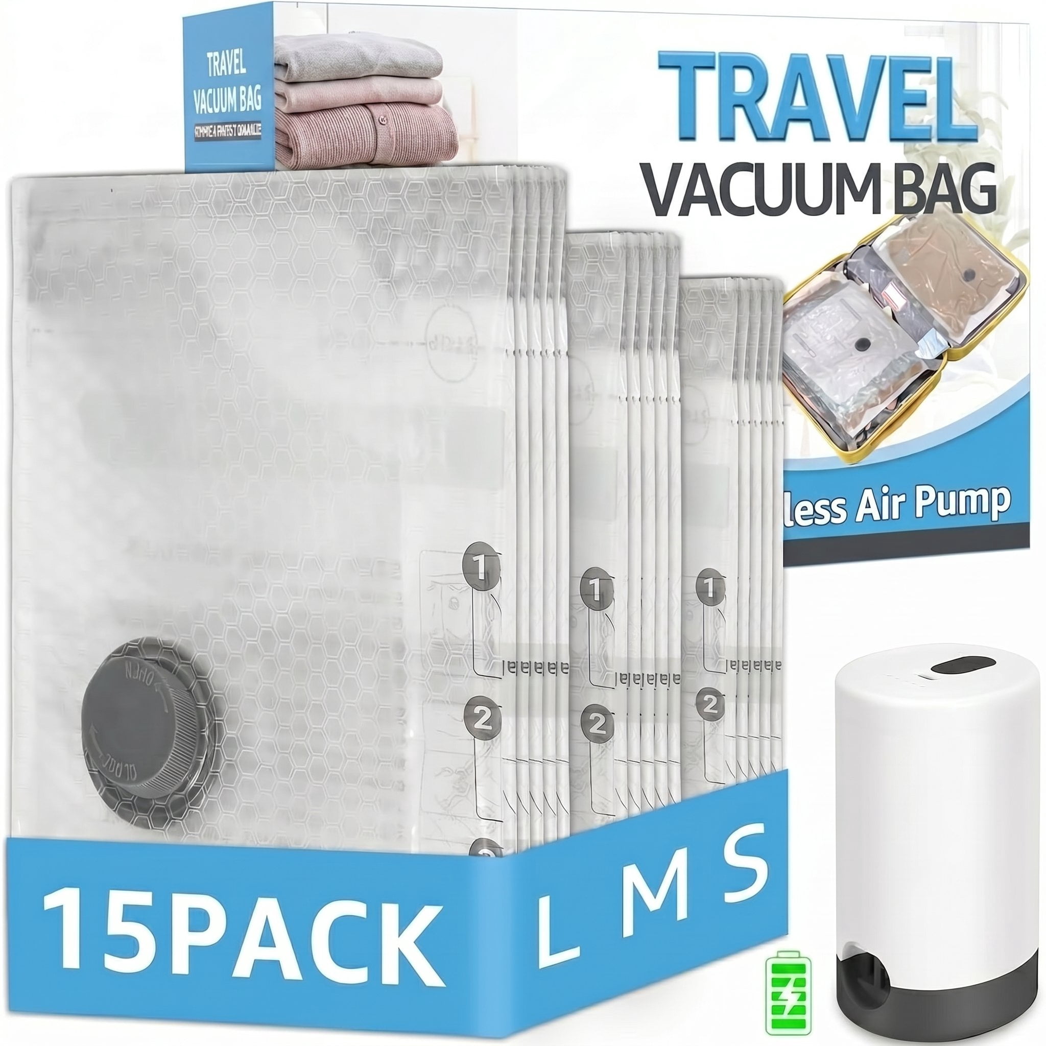 15 Pack Vacuum Storage Bags with Rechargeable Pump, 3 Sizes for ...
