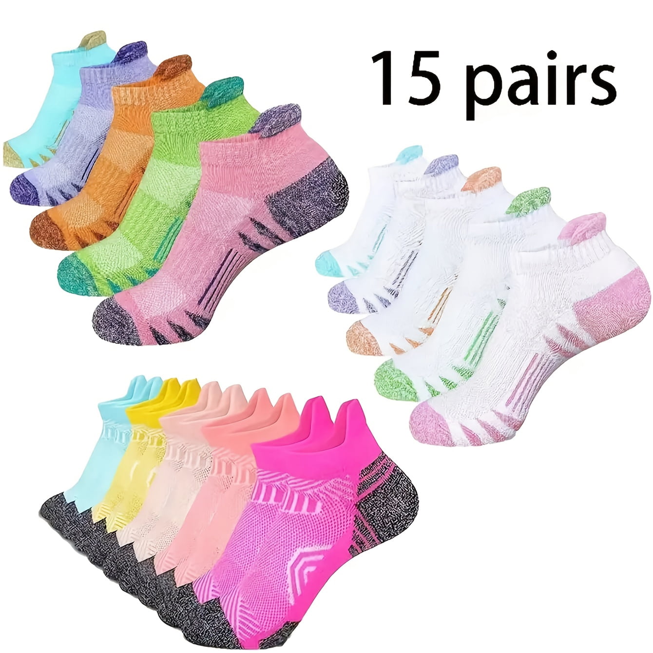 15 Pairs Ankle Sports Socks, Polyester Spandex Blend, Low-Cut for ...