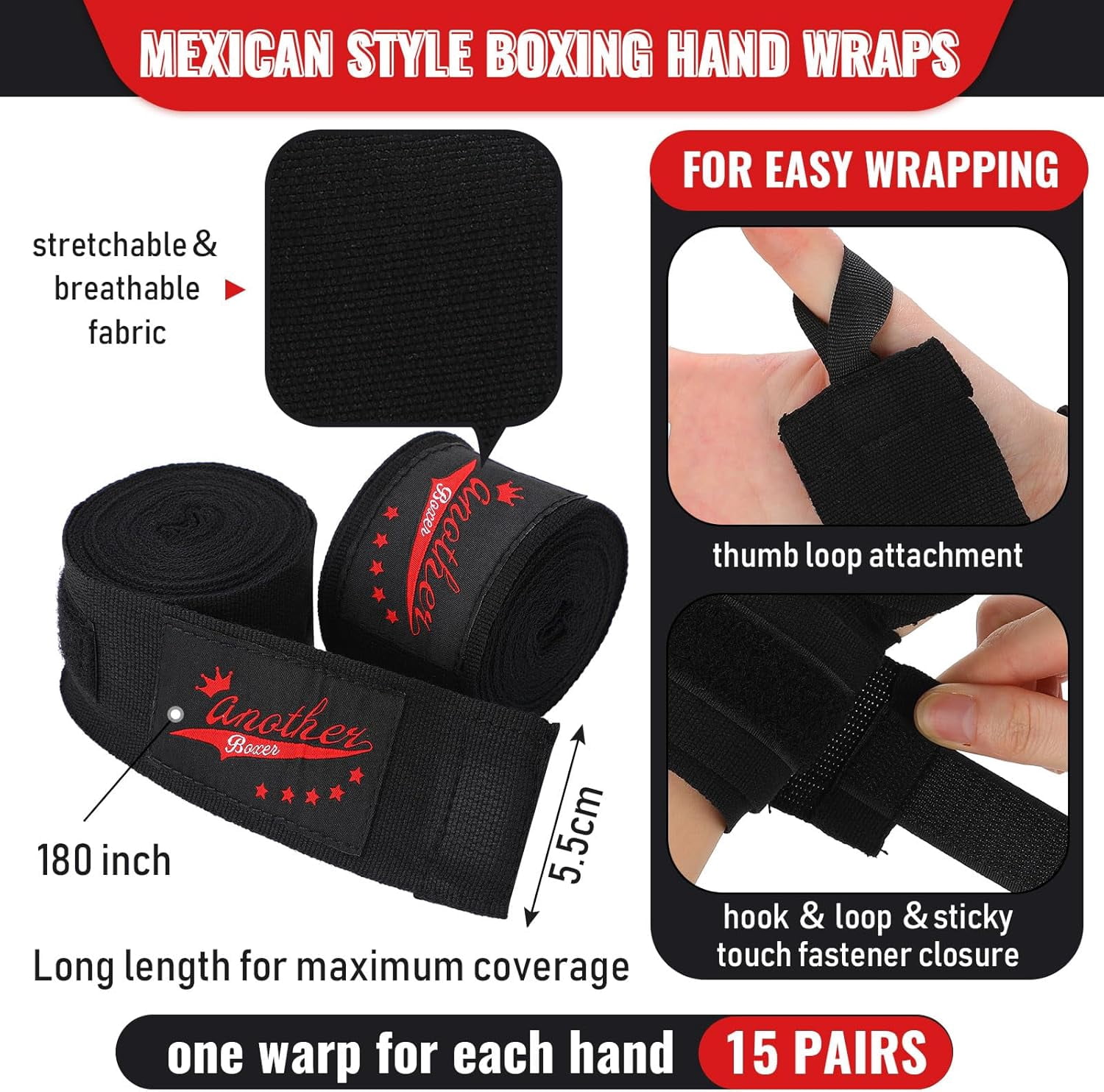 15 Pairs Boxing Wraps for Hand 180 Inch Boxing Hand Wraps Bulk Martial ...