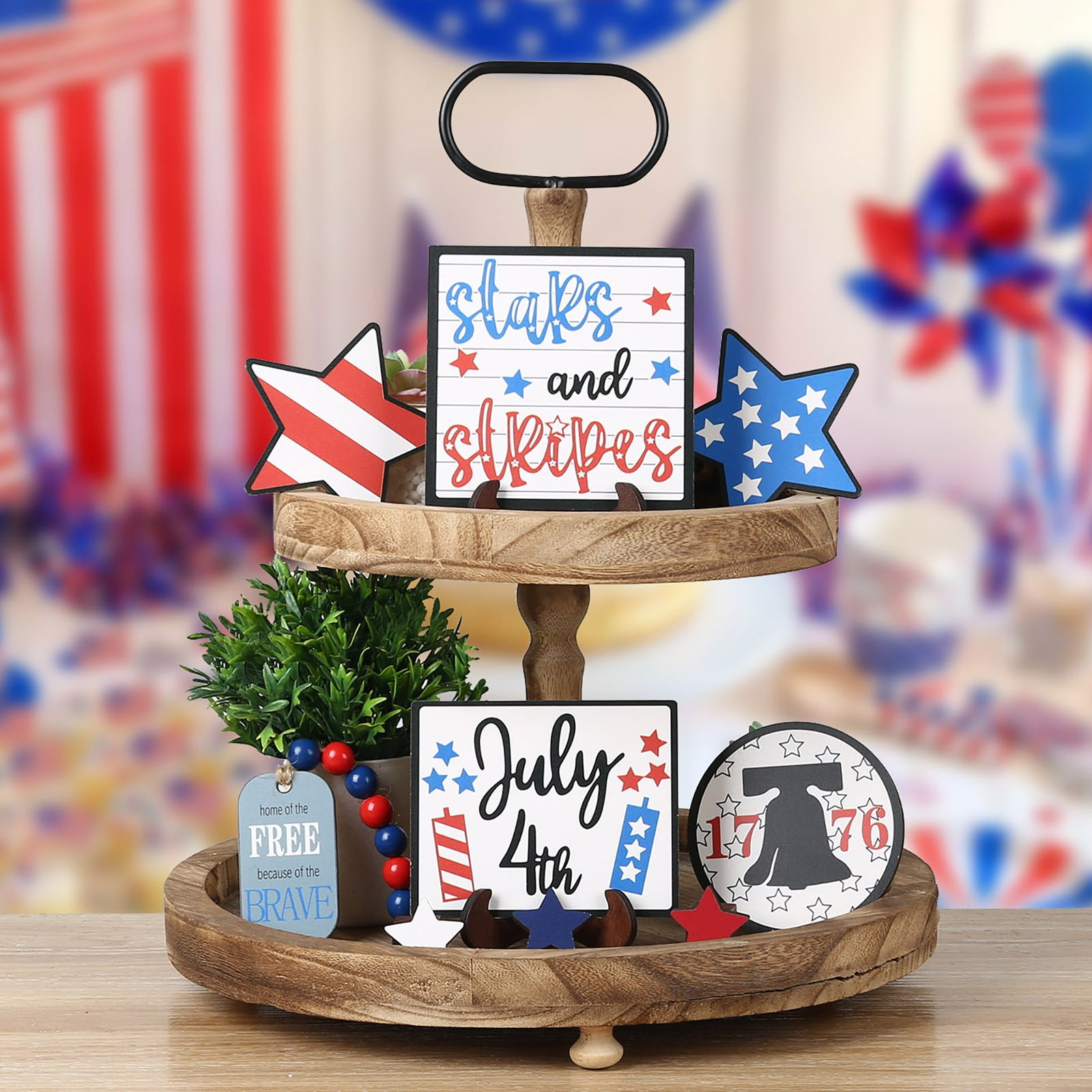 15 Pc 4th of July Tiered Tray Decor Set Patriotic Wooden Blocks ...