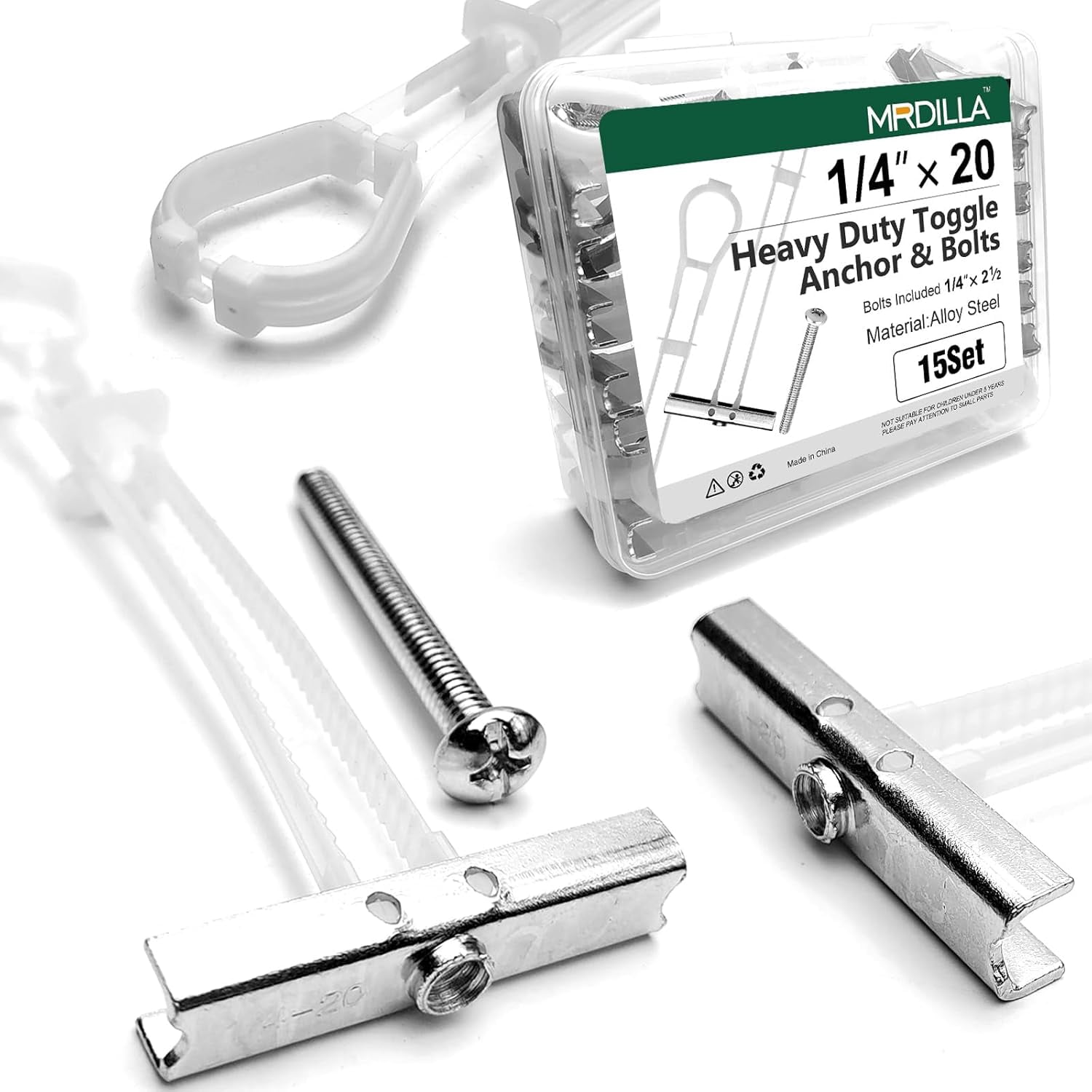 15 Pcs 1/4"-20 Toggle Bolts for Drywall, Heavy Duty Metal Strap Anchors ...