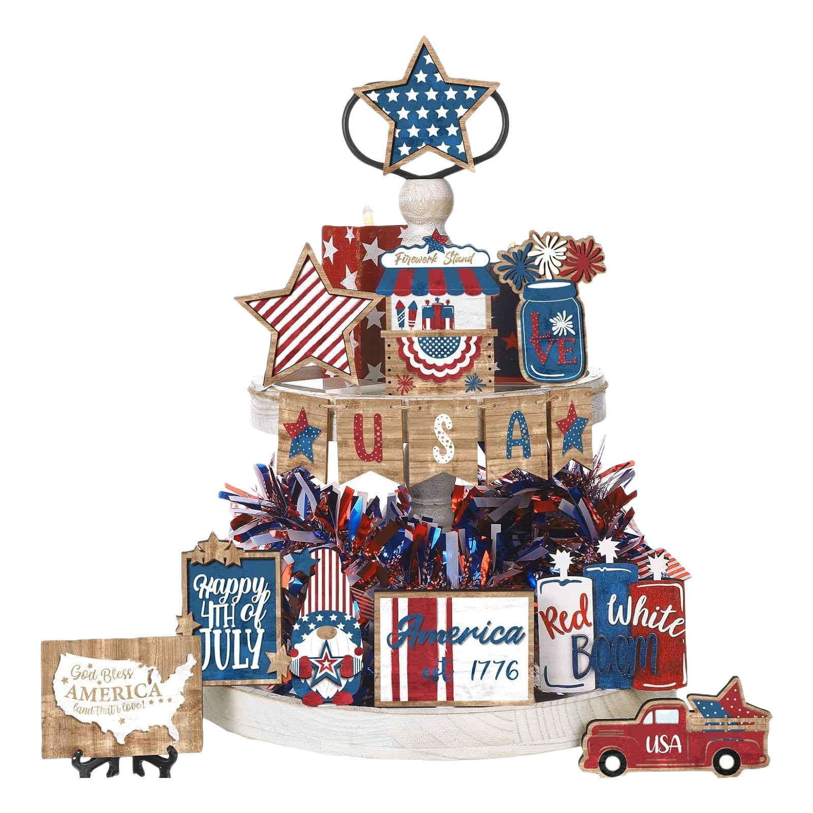 15 Pcs 4th of July Patriotic Tiered Tray Decoration Independence Day ...