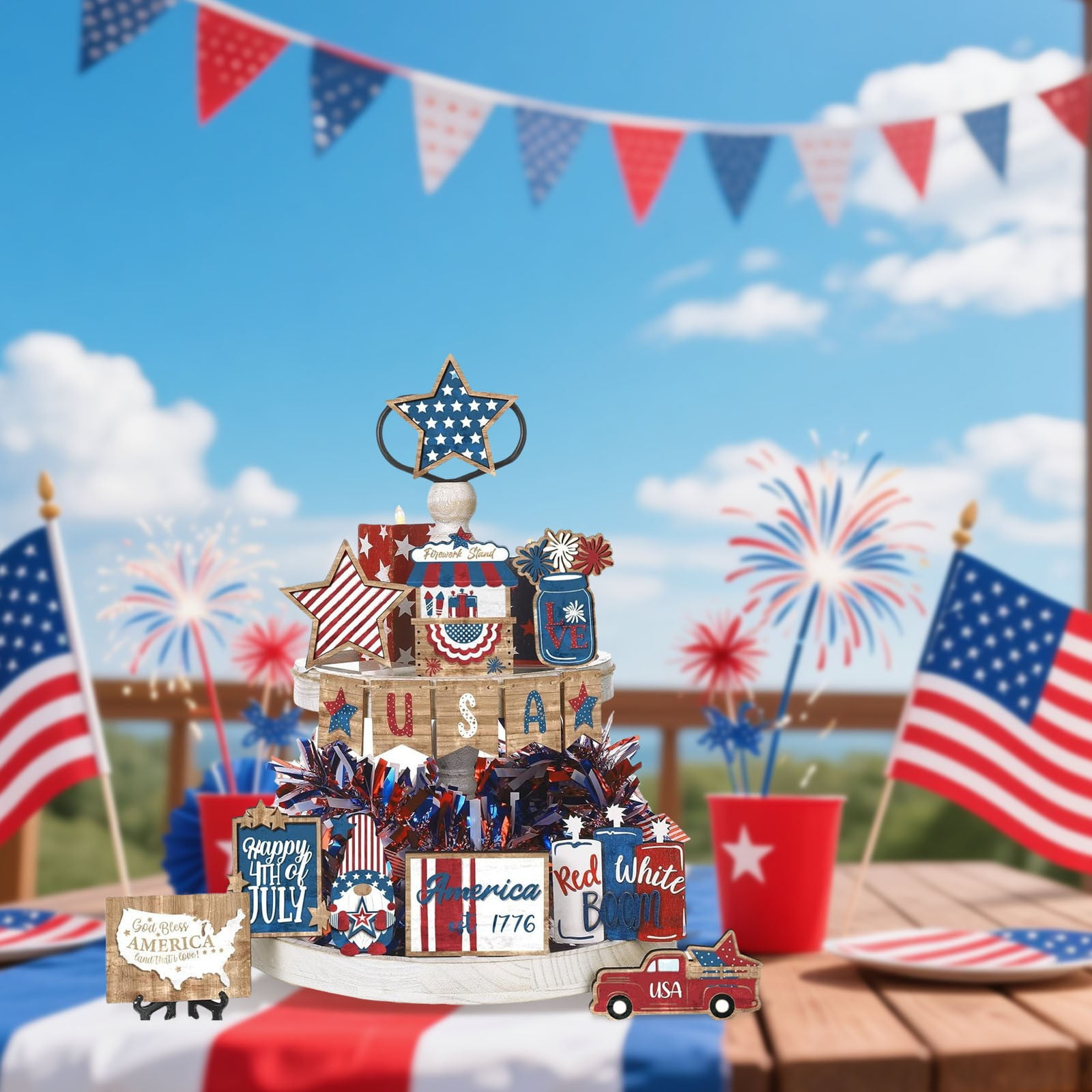15 Pcs 4th of July Tiered Tray Decorations Set Wood Patriotic Tiered ...