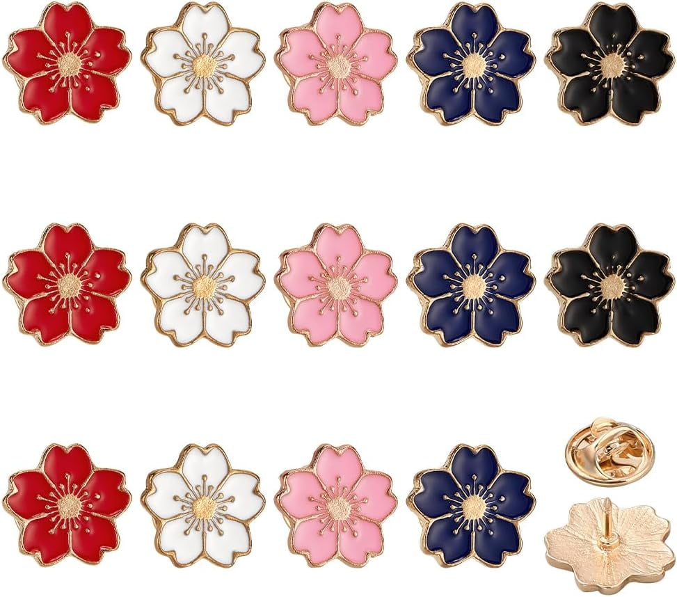 15 Pcs 5 Colors Cherry Blossoms Badge Brooch 0.6x0.6 inch Cherry ...
