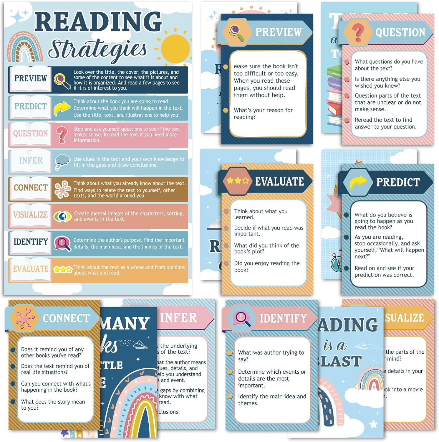 15 Pcs Boho Reading Posters for Classroom Decor Rainbow Bulletin Board ...