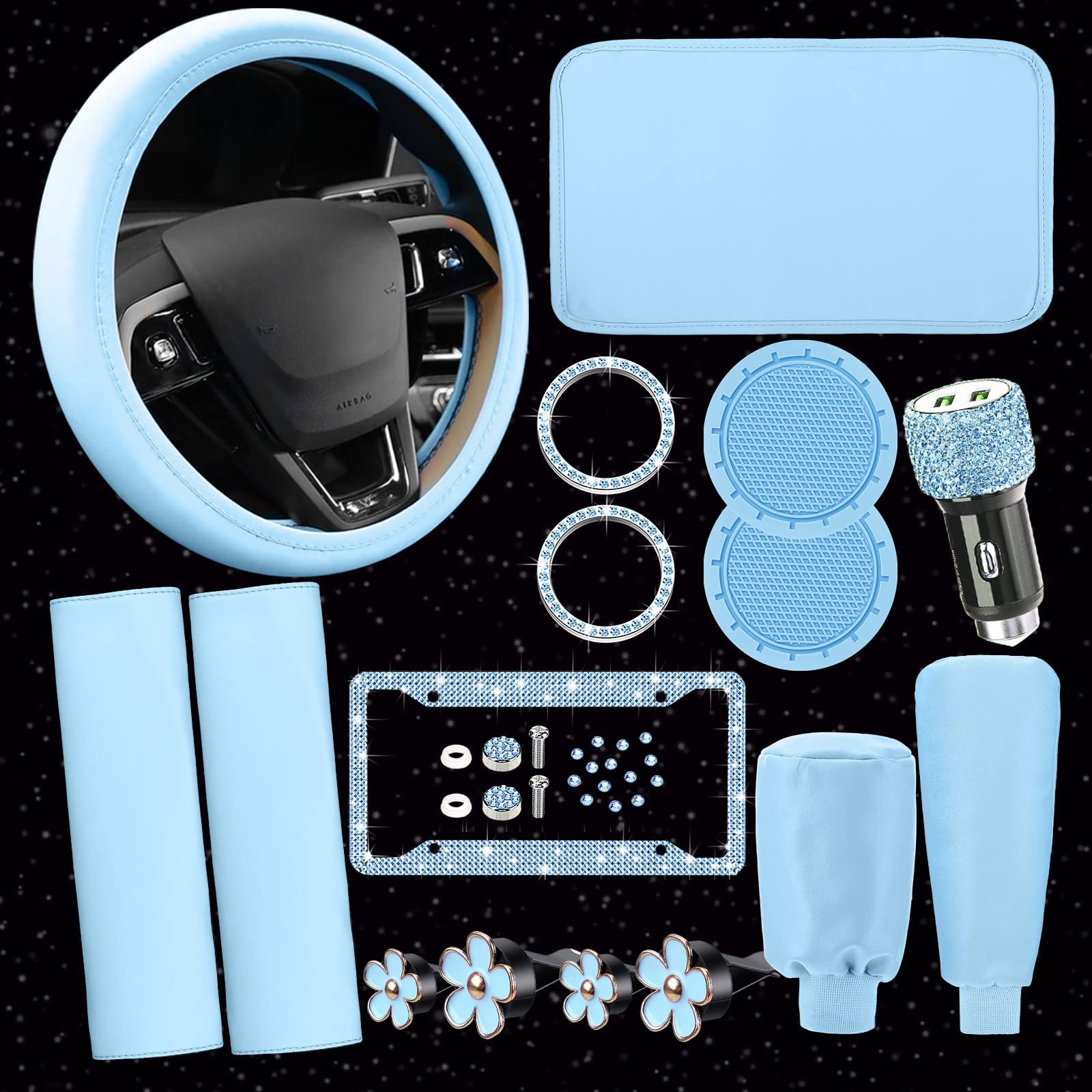 15 Pcs Car Accessories Set Leather Steering Wheel Cover Seatbelt Cover ...