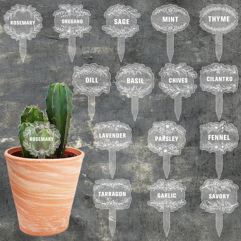 15 Pcs Clear Acrylic Plant Tags Herbal Theme Waterproof Garden Stake ...