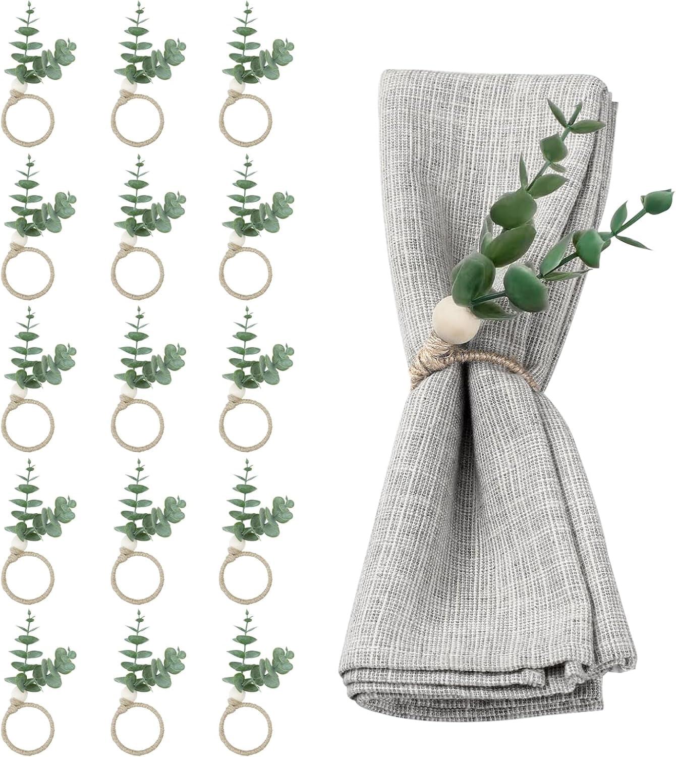 15 Pcs Eucalyptus Napkin Rings, Boho Leaf Wood Bead Farmhouse Napkin ...