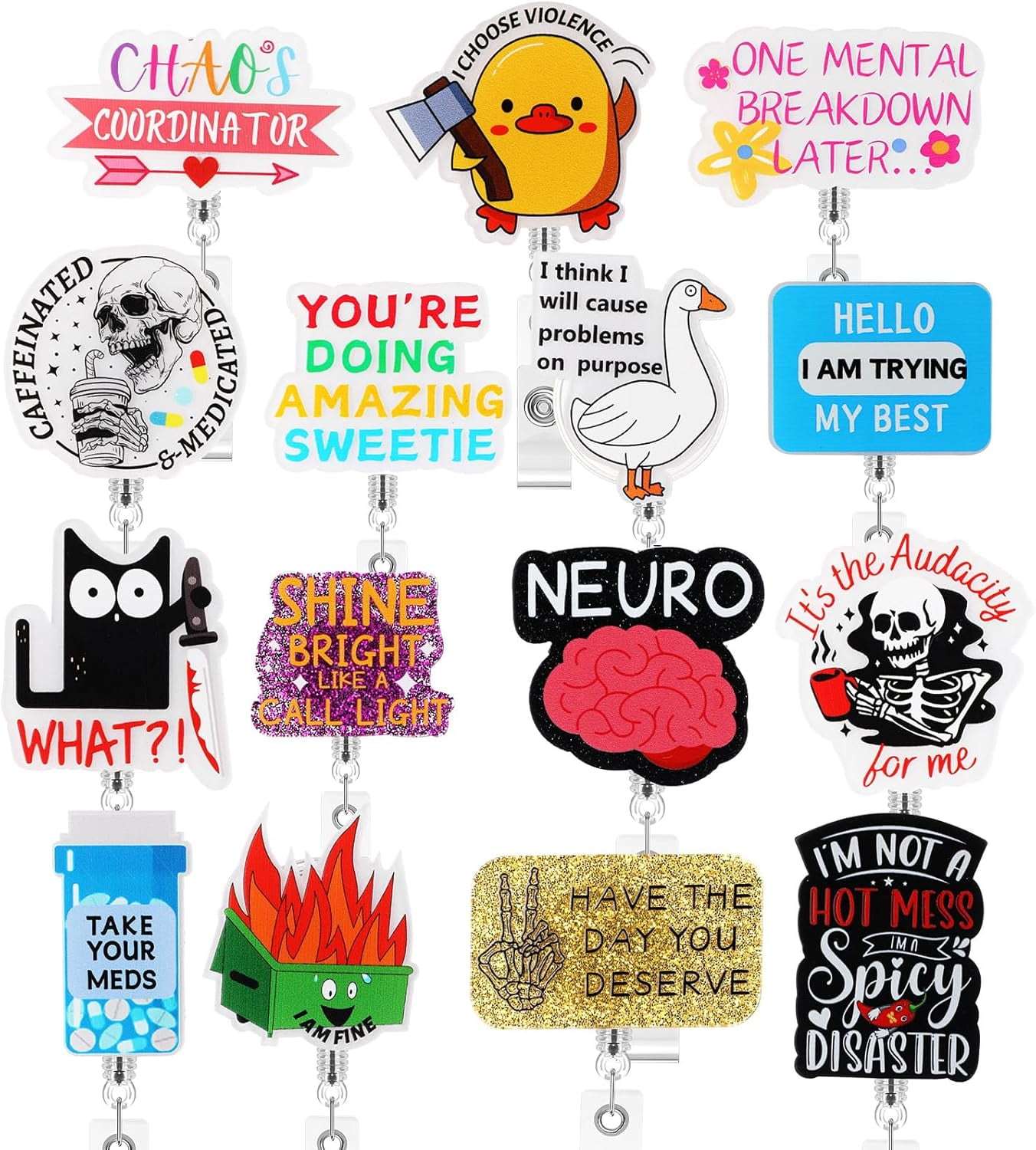 15 Pcs Funny Nurse Badge Reel Cute Retractable Name ID Clip Badge ...