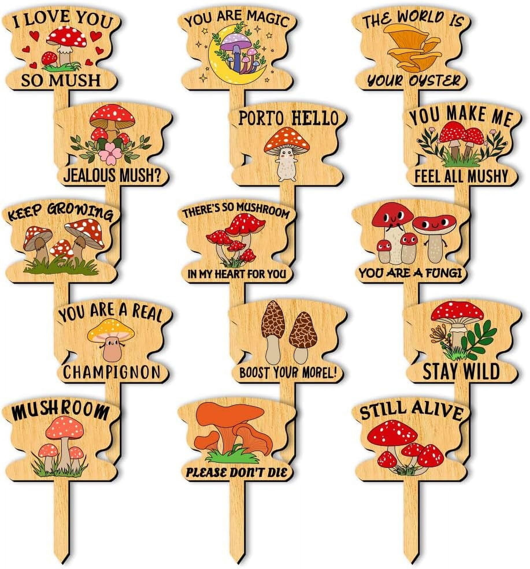15 Pcs Funny Plant Markers Mushroom Themed T-Type Plant Tag Wood Plant Sign with Jokey Pattern ...