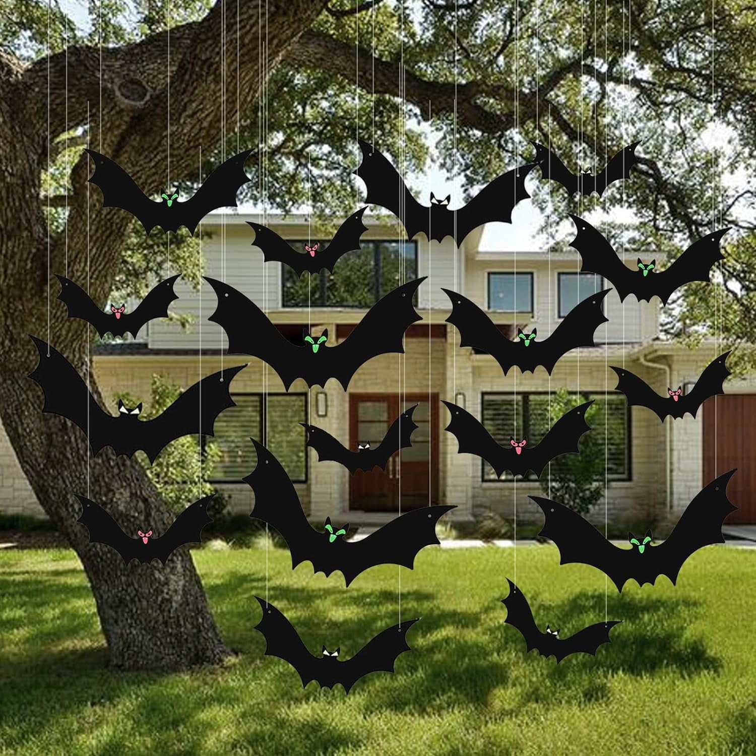 15 Pcs Hanging Bats Halloween Decoration Outdoor, Large Scary Fake ...