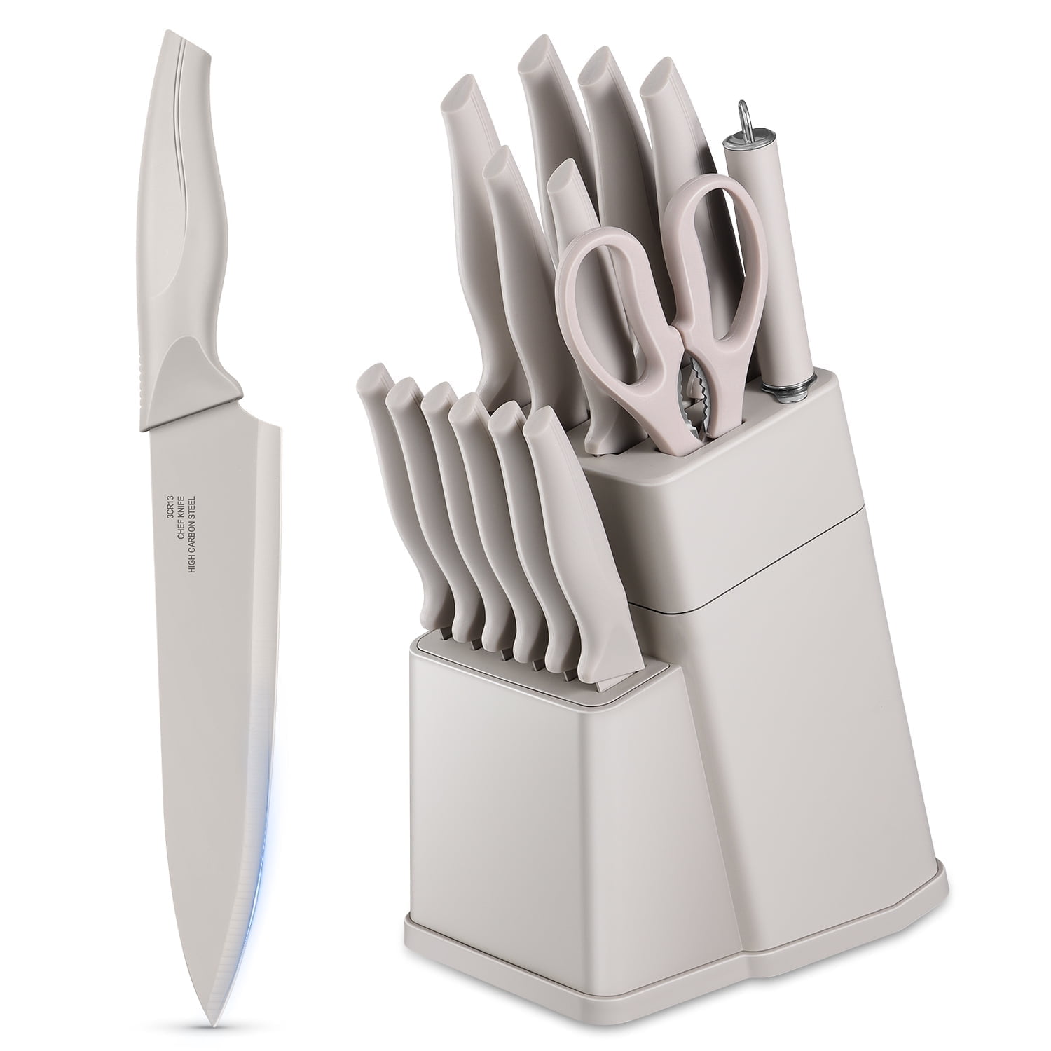Walchoice Kitchen Knife Set with Knife Block 15 Pieces High Carbon Stainless Steel Sharpener ...