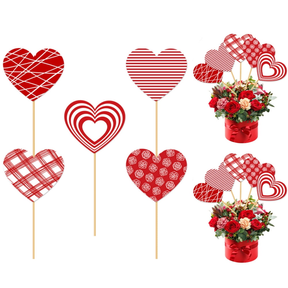 15 Pcs Red Heart Floral Picks Paper Love Shaped Decorative Sticks Plaid ...