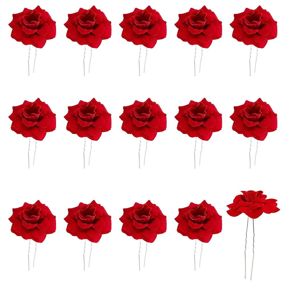 15 Pcs Rose Flower Hair Clips U Shape Flower Hair Forks Red Rose Head ...