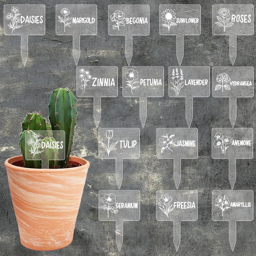 15 Pcs T-Shaped Clear Acrylic Plant Tags Flower Themed Waterproof ...