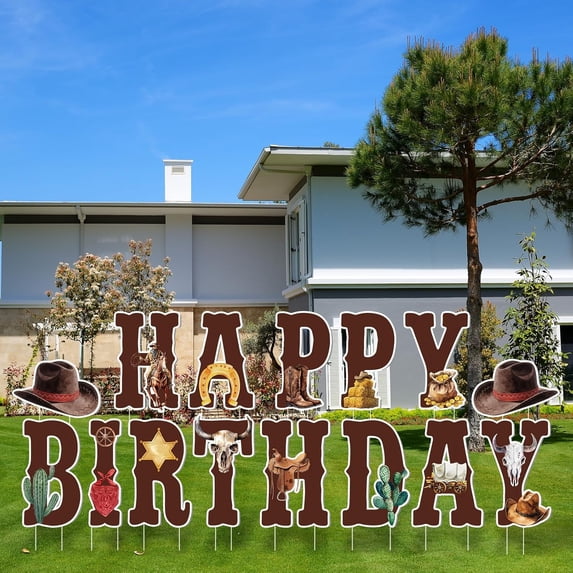15 Pcs Western Cowboy Happy Birthday Yard Signs with Metal Stakes Happy ...