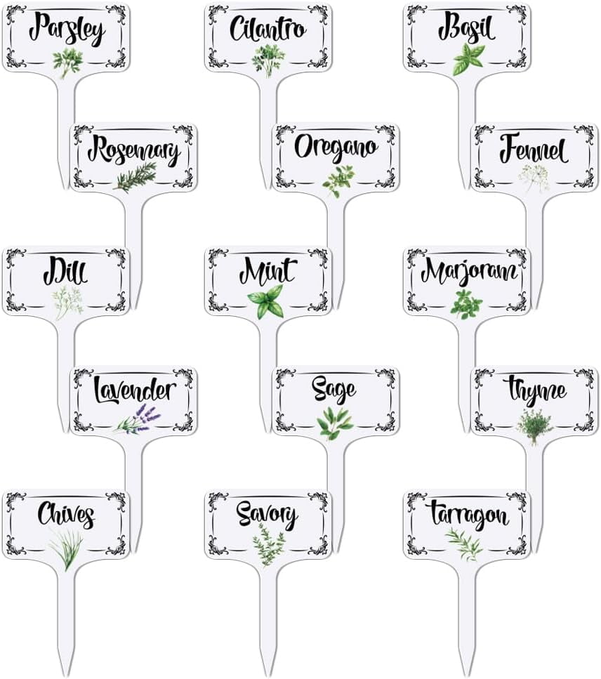15 Pcs White T-Shaped Acrylic Plant Labels with Floral Border Herb ...