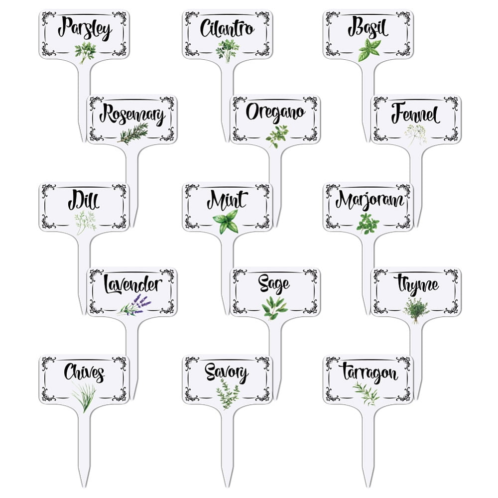 15 Pcs White T-Shaped Acrylic Plant Labels with Floral Border Herb ...