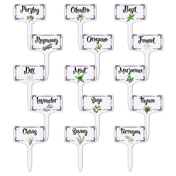 15 Pcs White T-Shaped Acrylic Plant Labels with Floral Border Herb ...