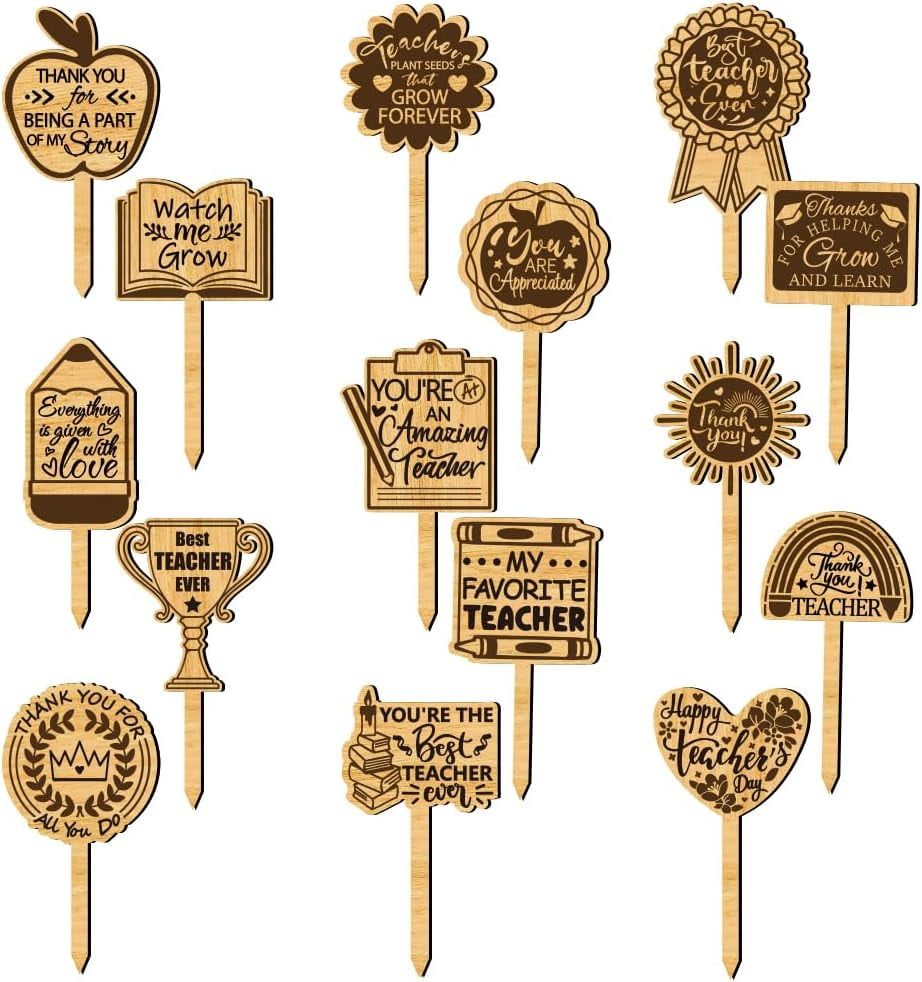15 Pcs Wood Plant Labels 15 Styles Garden Labels with Teacher Text Leaf ...