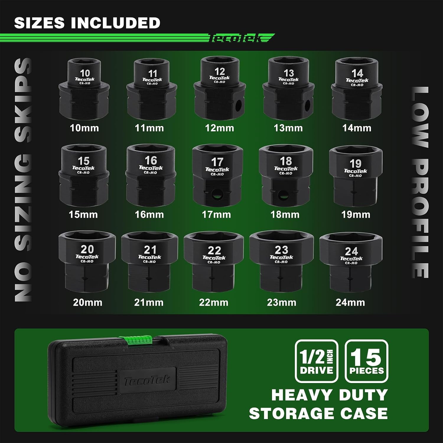 15-Piece 1/2-Inch Drive Metric Low Socket Set, 10mm-24mm, 6 Point, Cr ...