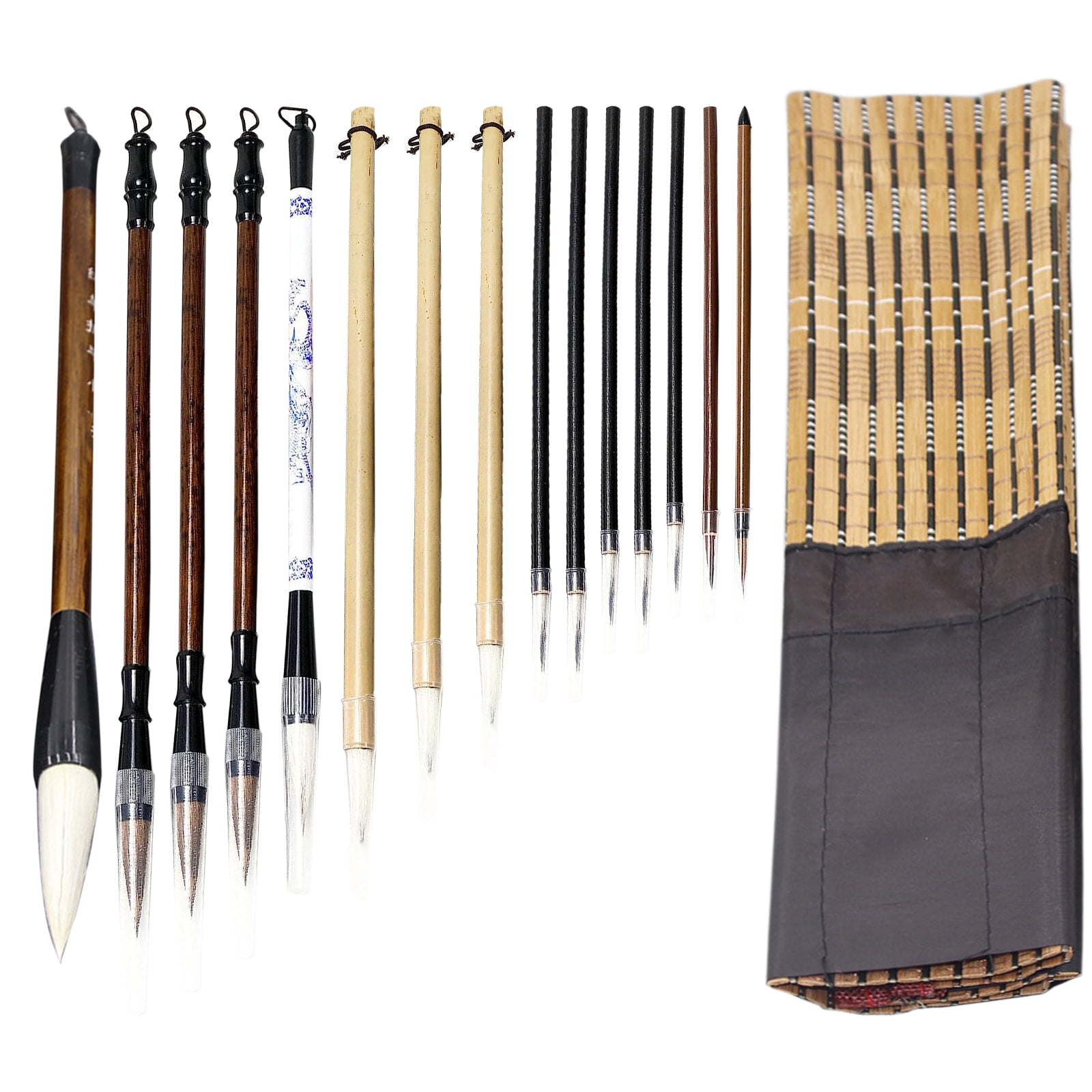 15 Piece Chinese Calligraphy Brush Set with Roll-Up Bamboo Holder ...