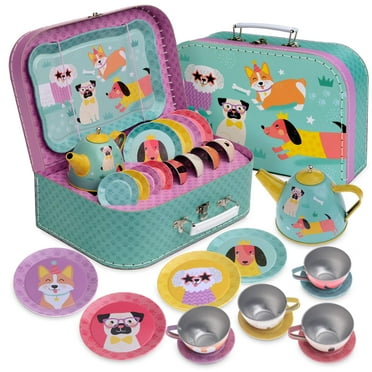 Style-Carry Tea Set for Little Girls, Pretend Play Tea Party Set, Floral Design Kids Tin Tea Set ...