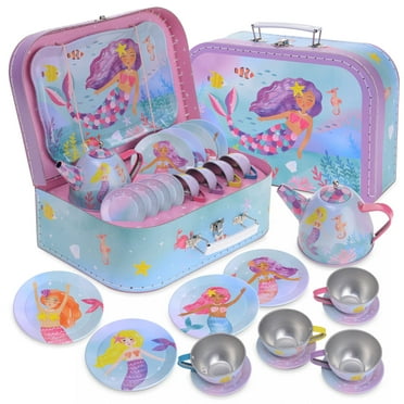 Style-Carry Tea Set for Little Girls, Pretend Play Tea Party Set, Floral Design Kids Tin Tea Set ...