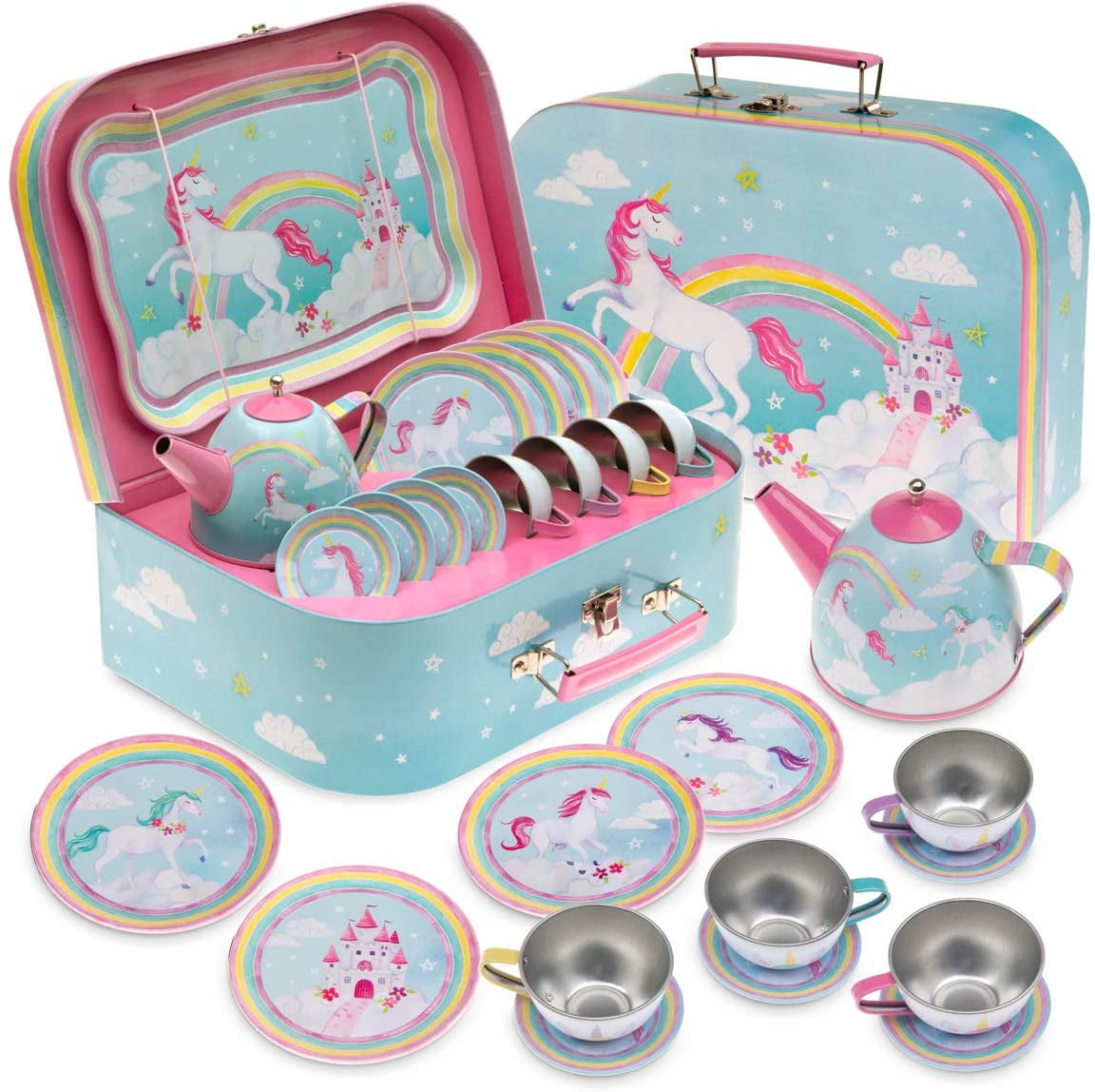 15 Piece Girls Pretend Toy Tin Tea Set Carrying Case Ballea - Walmart.com