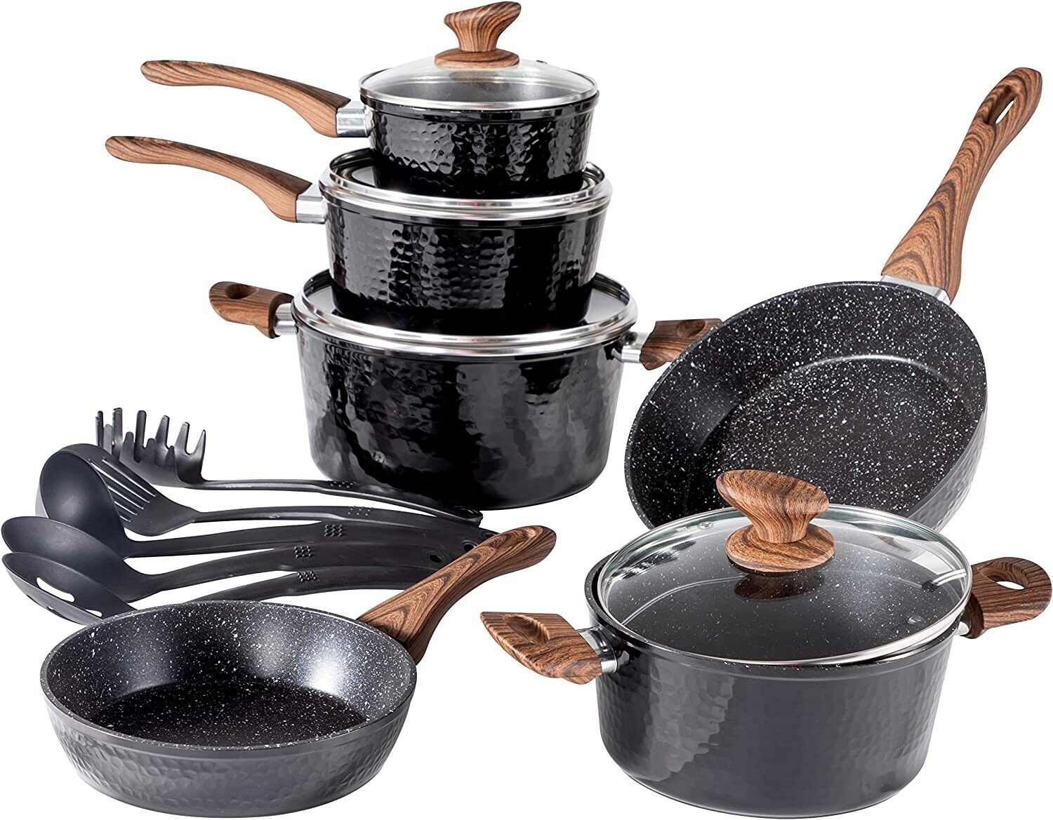 15 Piece Hammered Cookware Set Nonstick Granite Coated Pots and Pans ...