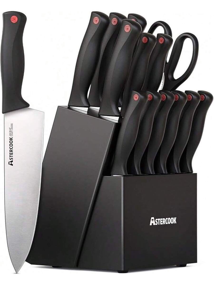 15 Piece Kitchen Knife Set with Block and Built-In Sharpener High ...