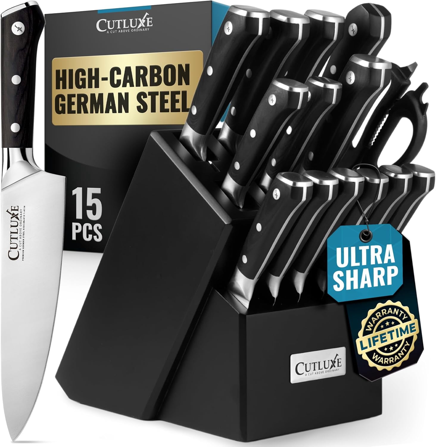 15-Piece Knife Set – Premium Black Wood Block – Knife Set for Kitchen ...