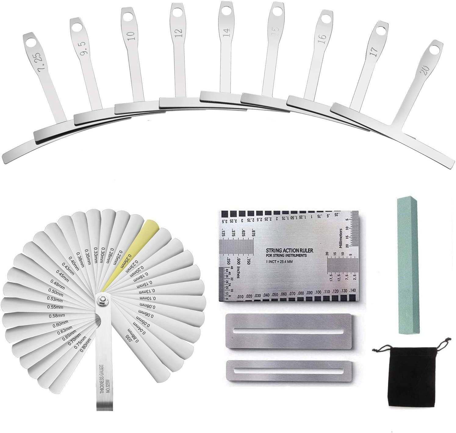 15-Piece Luthier Tools Set: Radius Gauge, Action Ruler, 32-Blade Feeler ...