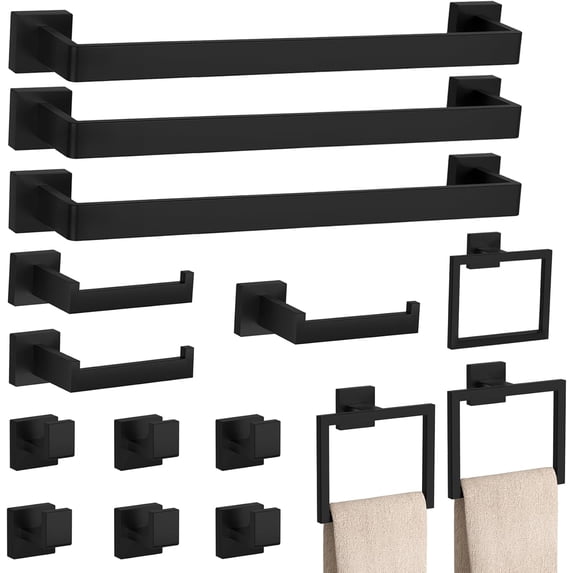 15-Piece Matte Black Bathroom Accessories Set – 23.6" Towel Bar, Towel ...