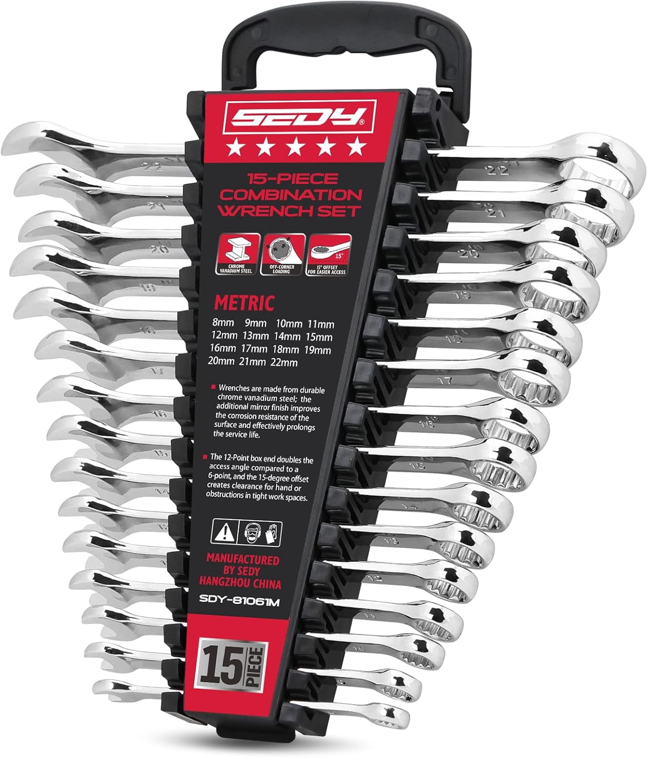 15-Piece Metric Combination Wrench Set, 8mm to 22mm 12-Point Open and ...