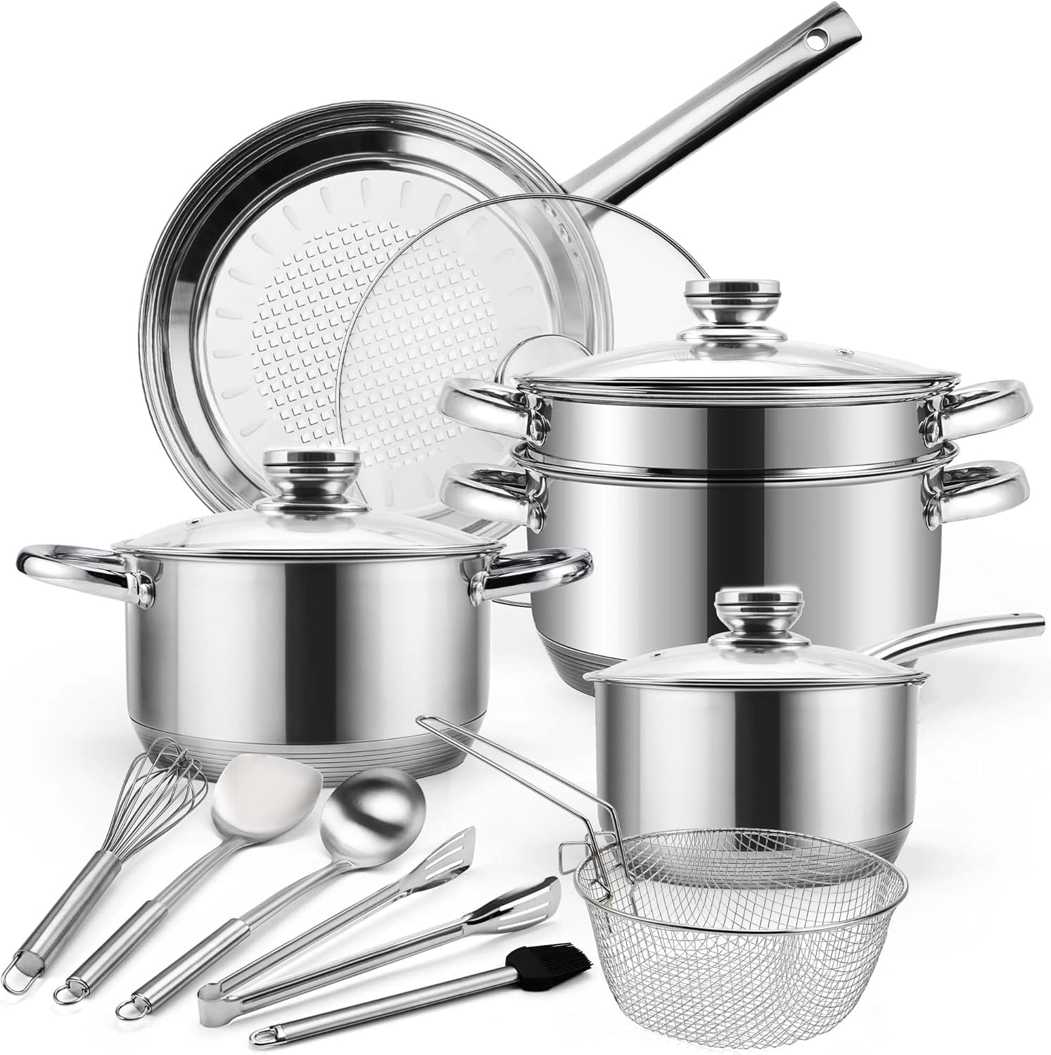 15-Piece Stainless Steel Cookware Set, Non-Toxic Pots and Pans Set with ...