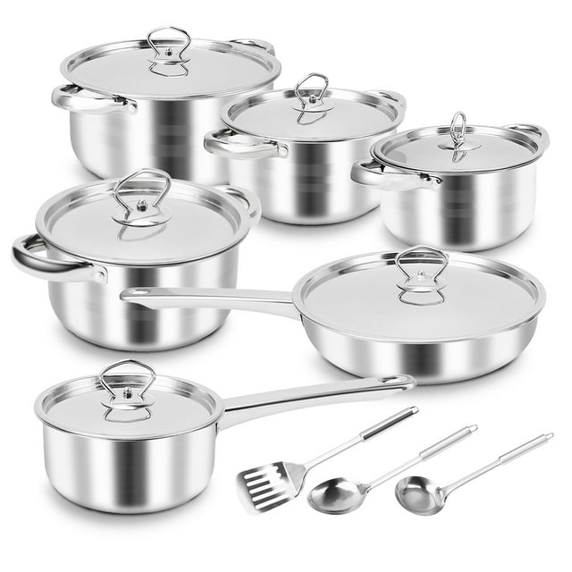 15 Piece Stainless Steel Cookware Set, Pots and Pans Set with Lids Non ...