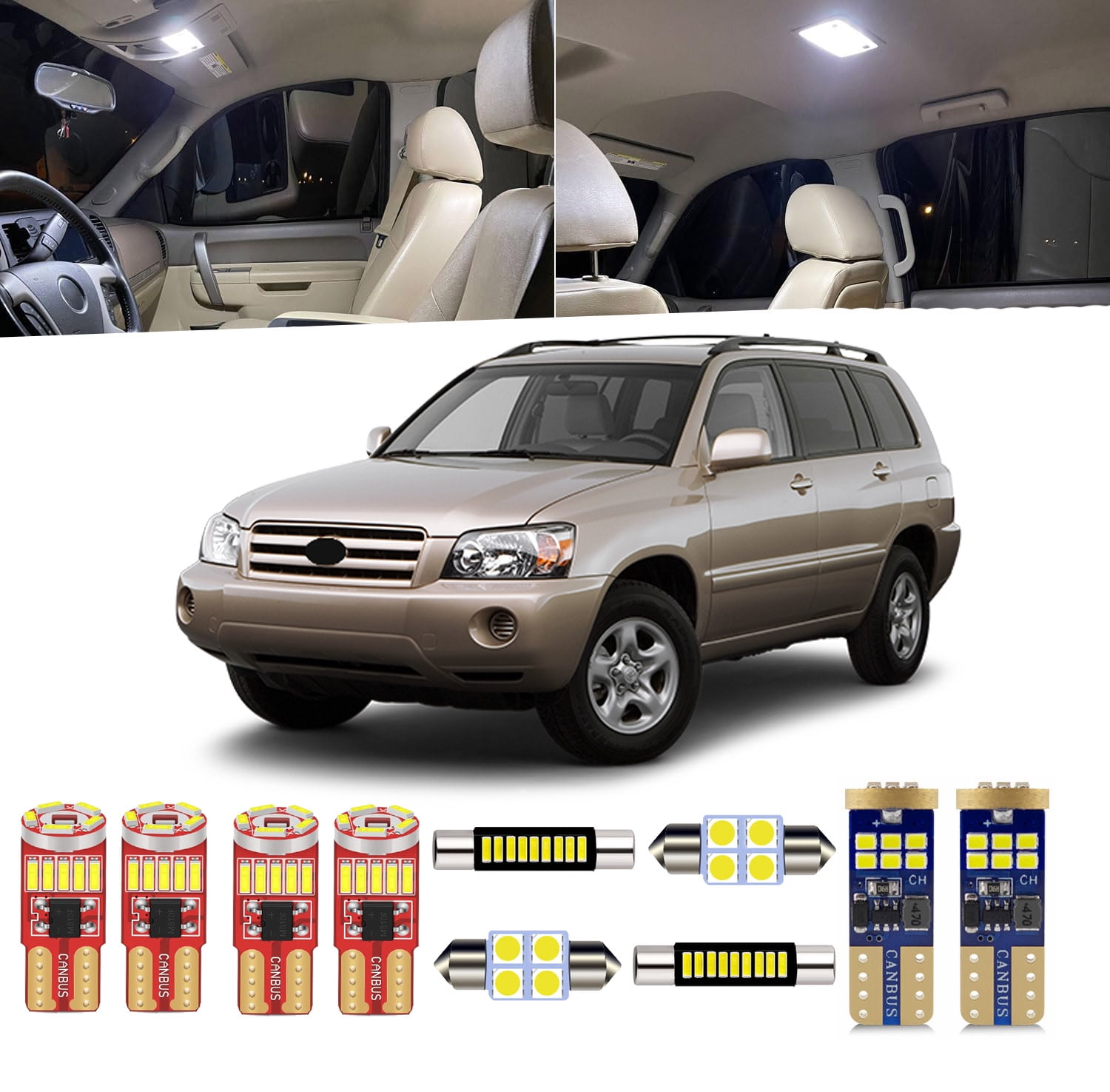 15 Piece White Interior LED Lights Kit for Toyota Highlander 2001 2002 ...