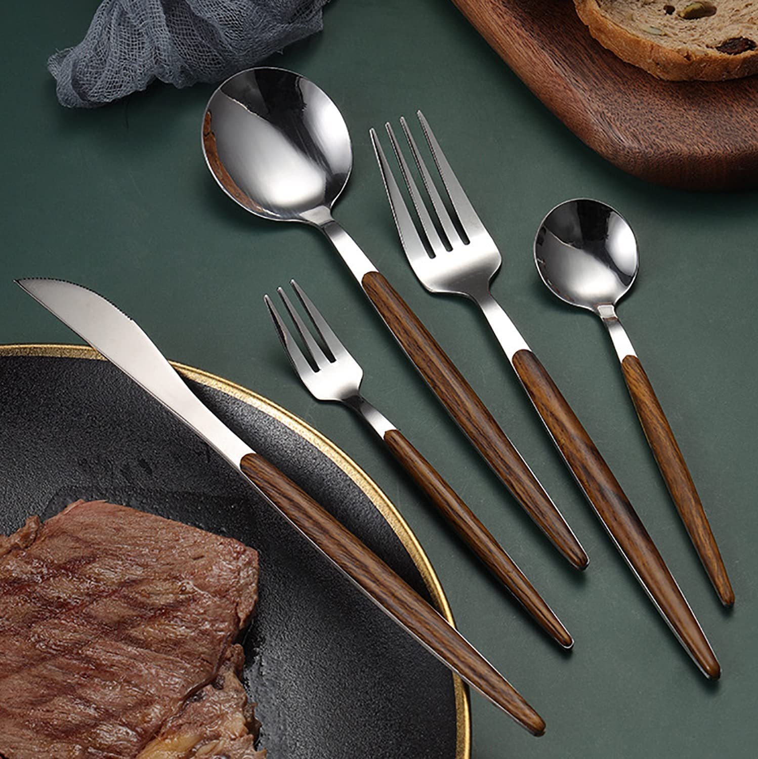 15-Piece Wood Flatware Set Premium 18/8 Stainless Steel Cutlery Set ...