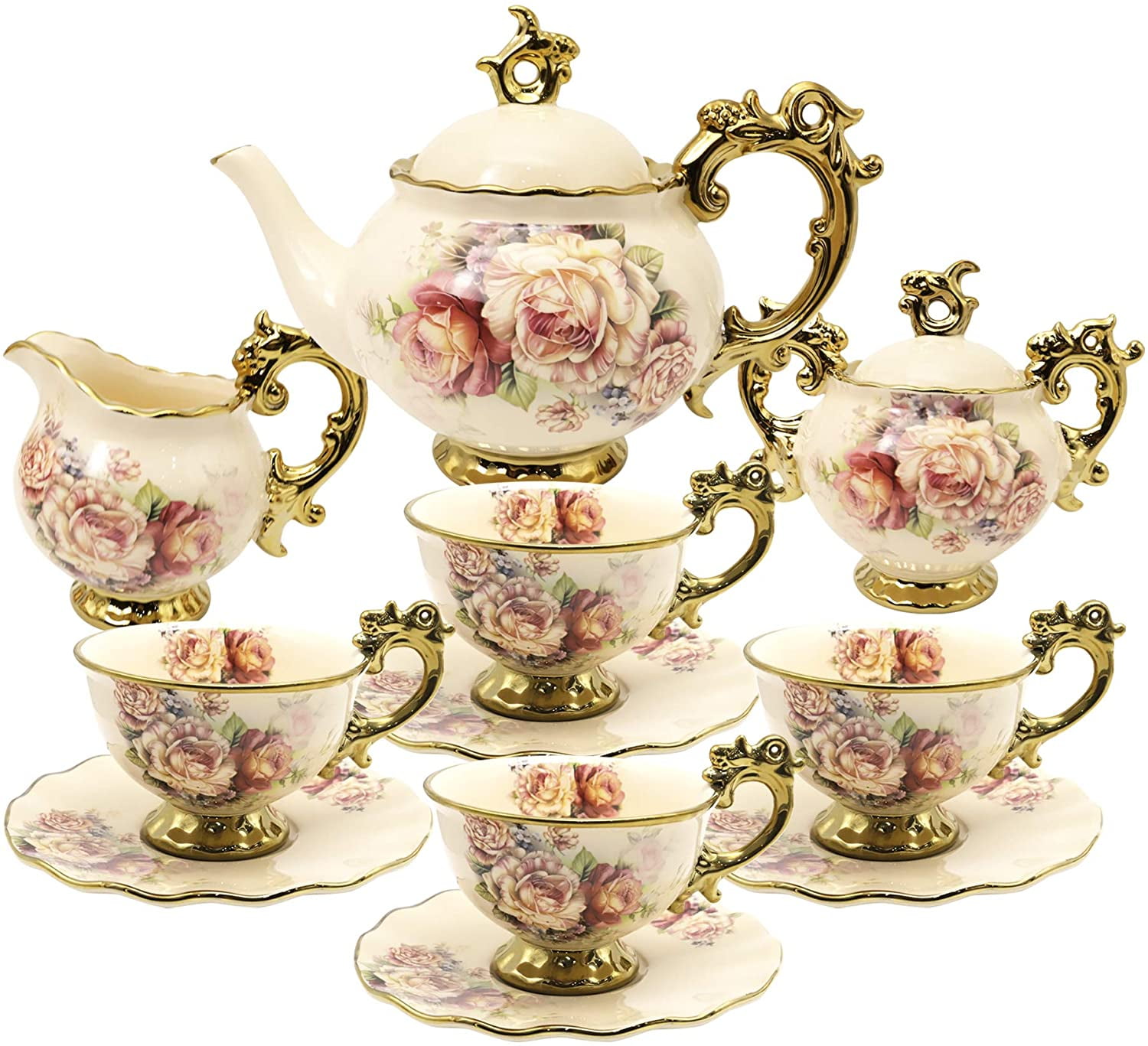 15 Pieces British Porcelain Tea Set, Floral Vintage China Coffee Set ...